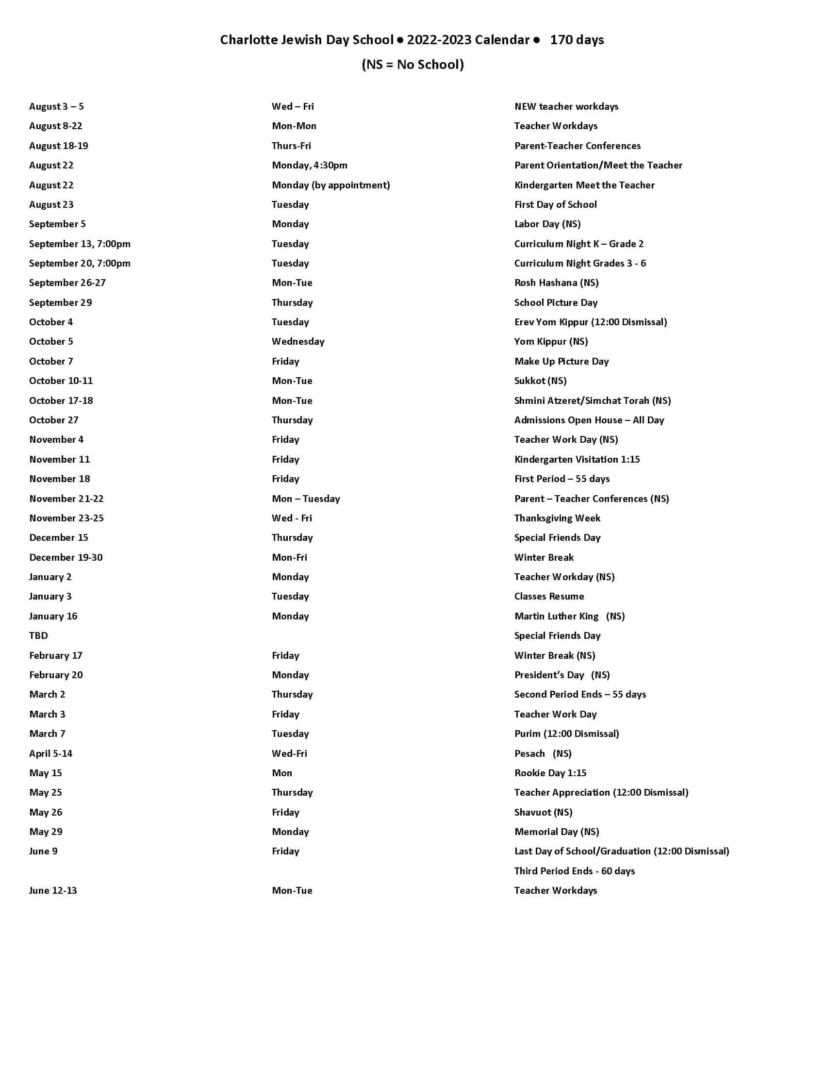 CJDS Calendar 2022 2023 Charlotte Jewish Day School